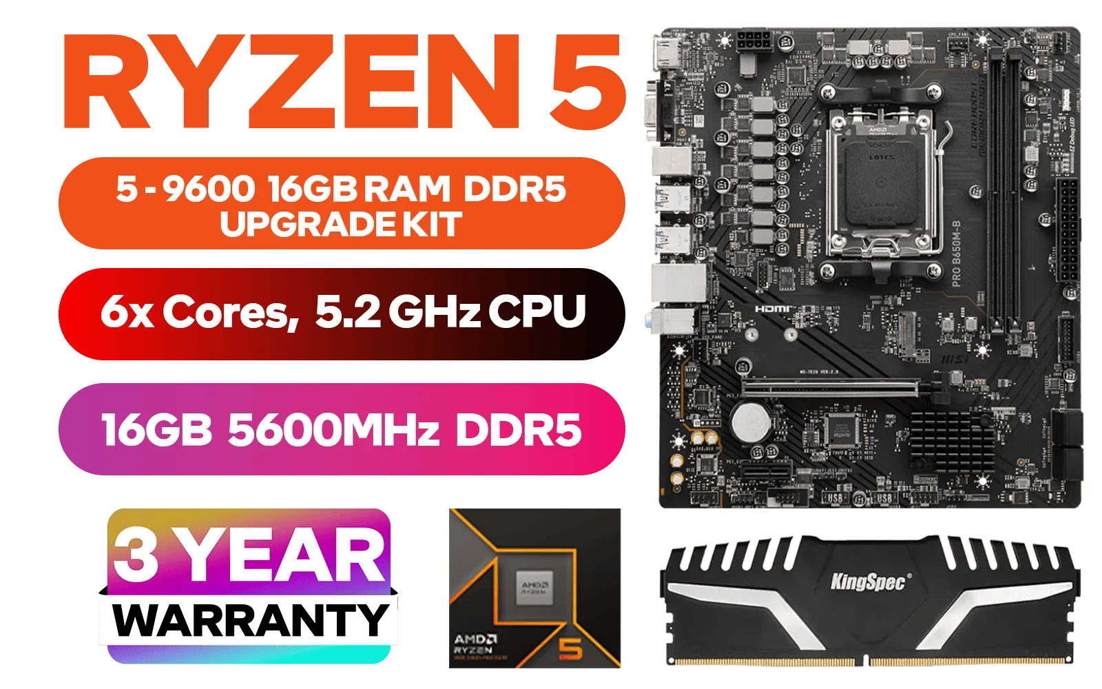 AMD Ryzen 5 9600 CPU + MSI B650M-B Upgrade Kit, 16GB DDR5