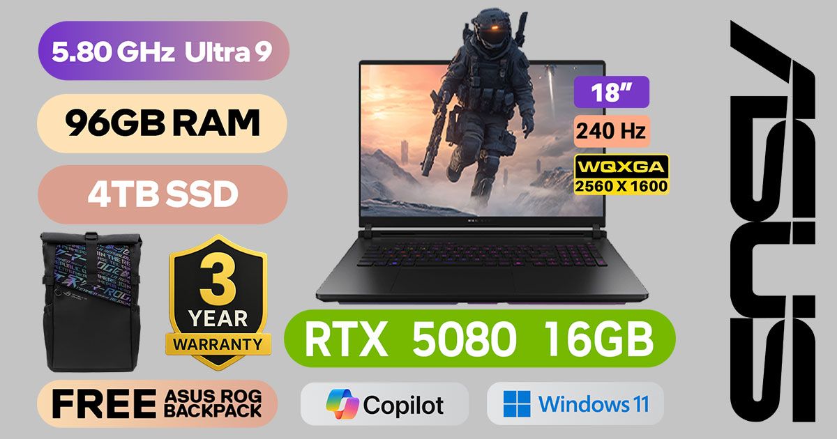 ASUS ROG STRIX SCAR 18 G835 Ultra 9 | RTX 5080 Gaming Laptop with 96GB ...