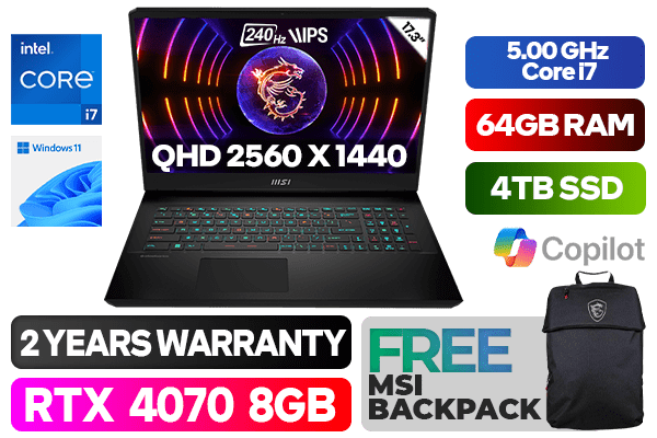 MSI GP77 Vector 13VG Gaming Laptop - Core i7, RTX 4070, 64GB RAM, 4TB SSD