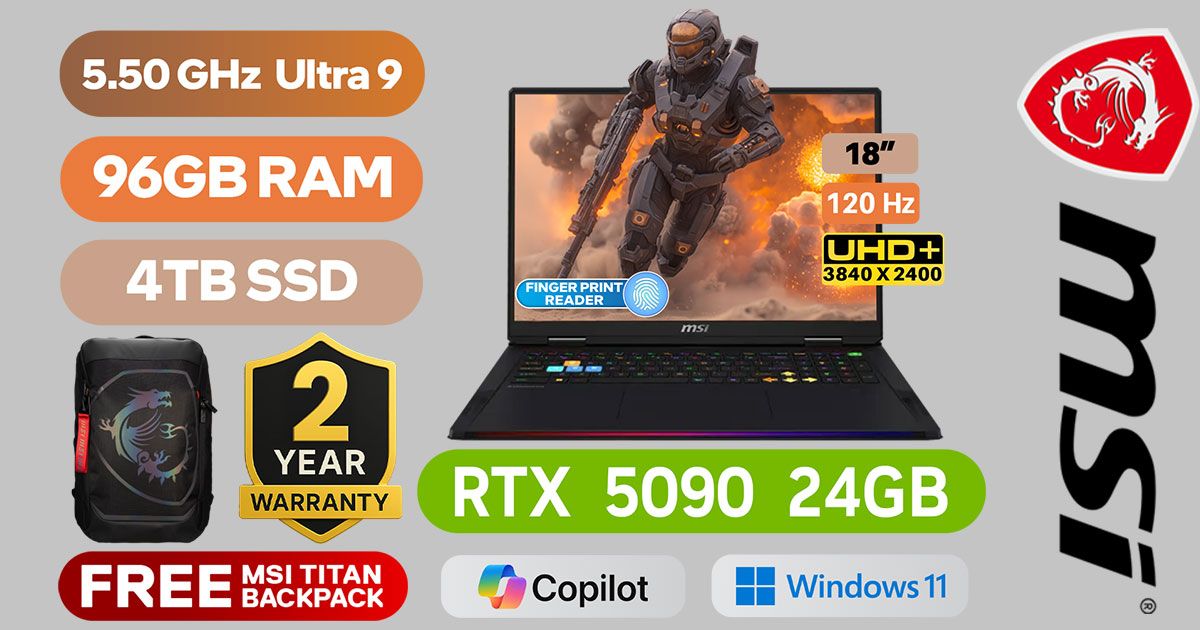 MSI Raider 18 HX AI A2XWJG Intel Core Ultra 9 RTX 5090 Gaming Laptop With 96GB RAM & 4TB SSD