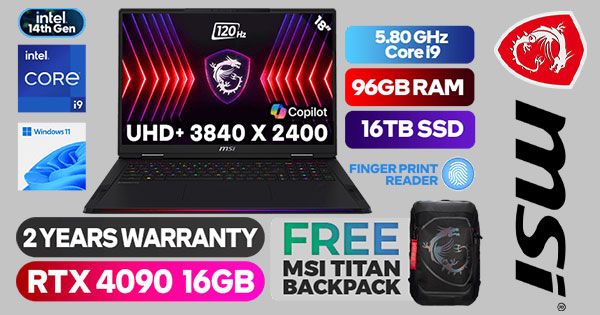 MSI Raider 18HX 14th Gen Core i9 RTX 4090 Gaming Laptop with 96GB RAM ...
