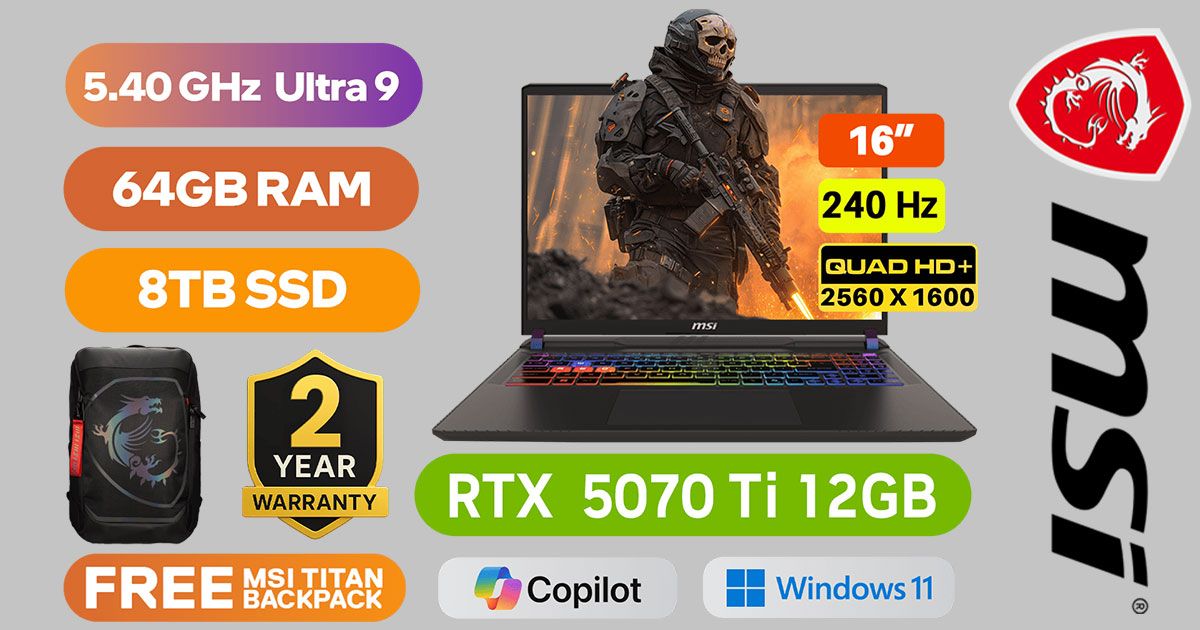 MSI VECTOR 16 HX AI - Core Ultra 9 RTX 5070 Ti Laptop | 64GB RAM & 8TB SSD