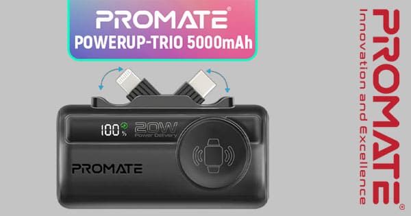 Promate PowerUp-Trio 5000mAh Power Bank — 20W, Apple Watch Charger