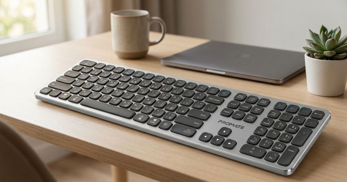 Promate PROKEYS-X2 Wireless Keyboard — Slim Full-Size, Triple Mode