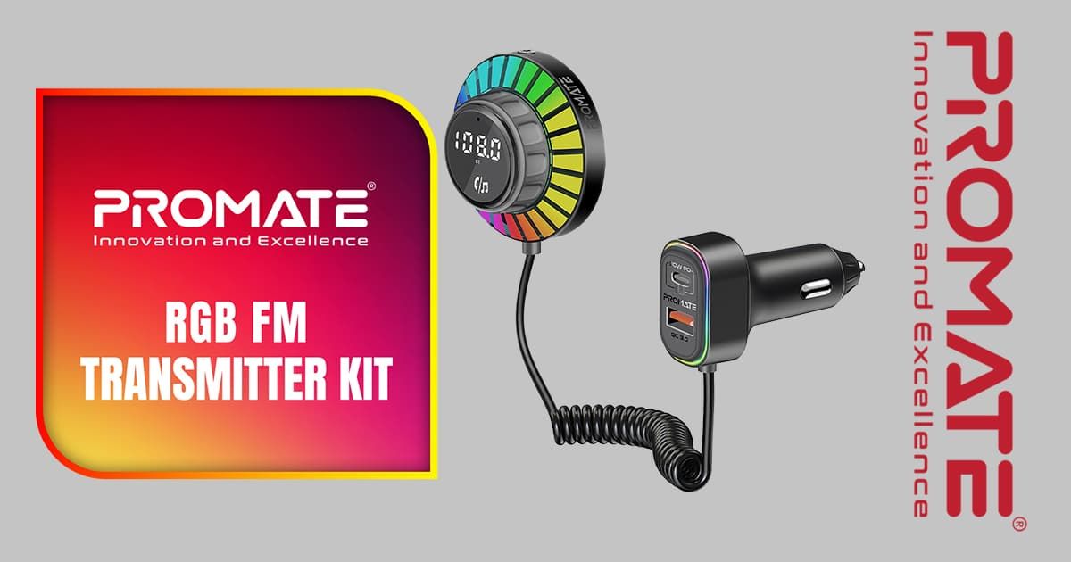 Promate SmarTune-EXT RGB FM Transmitter with 30W PD & Bluetooth 5.3