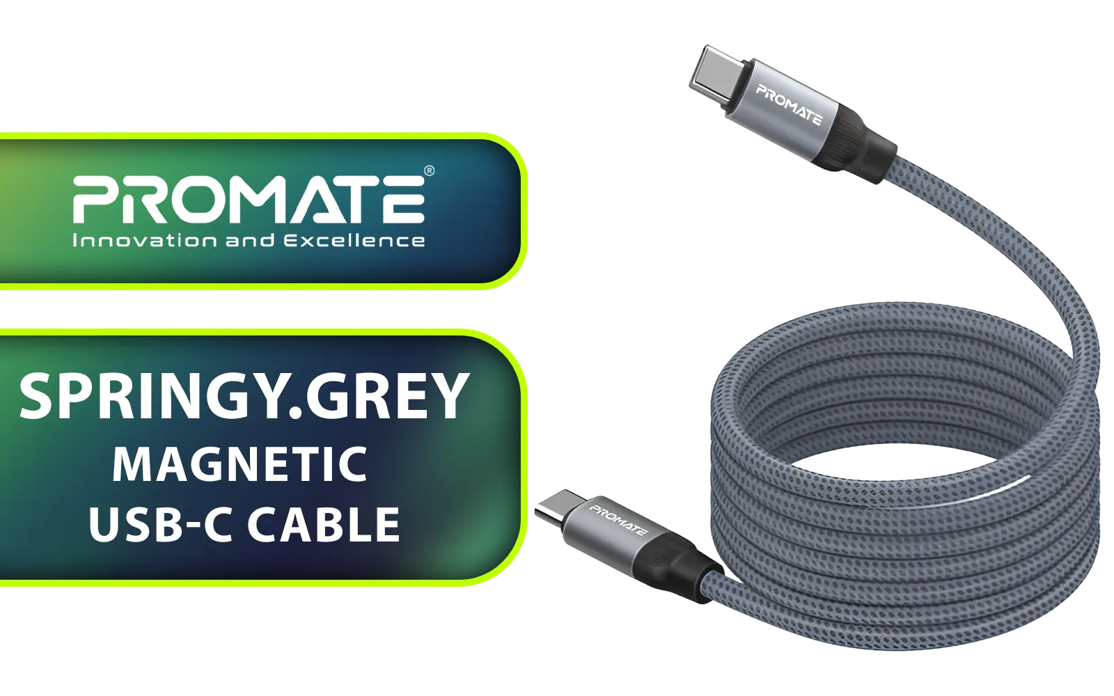 Promate SPRINGY.GREY USB-C Cable — 60W Magnetic, 120cm